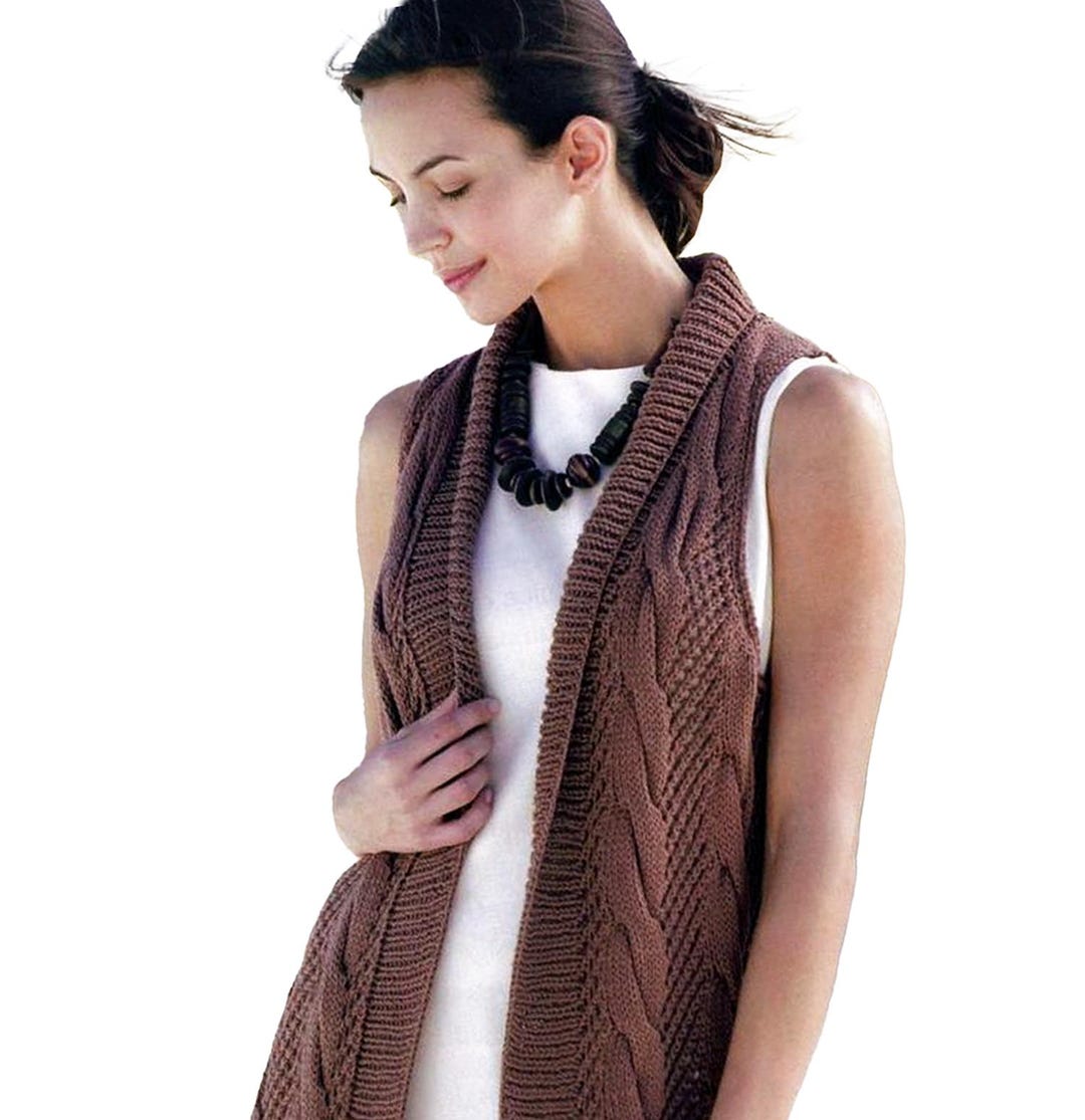Long Cable Knit Vest | Aran Knitting Patterns | Long Sleeveless ...