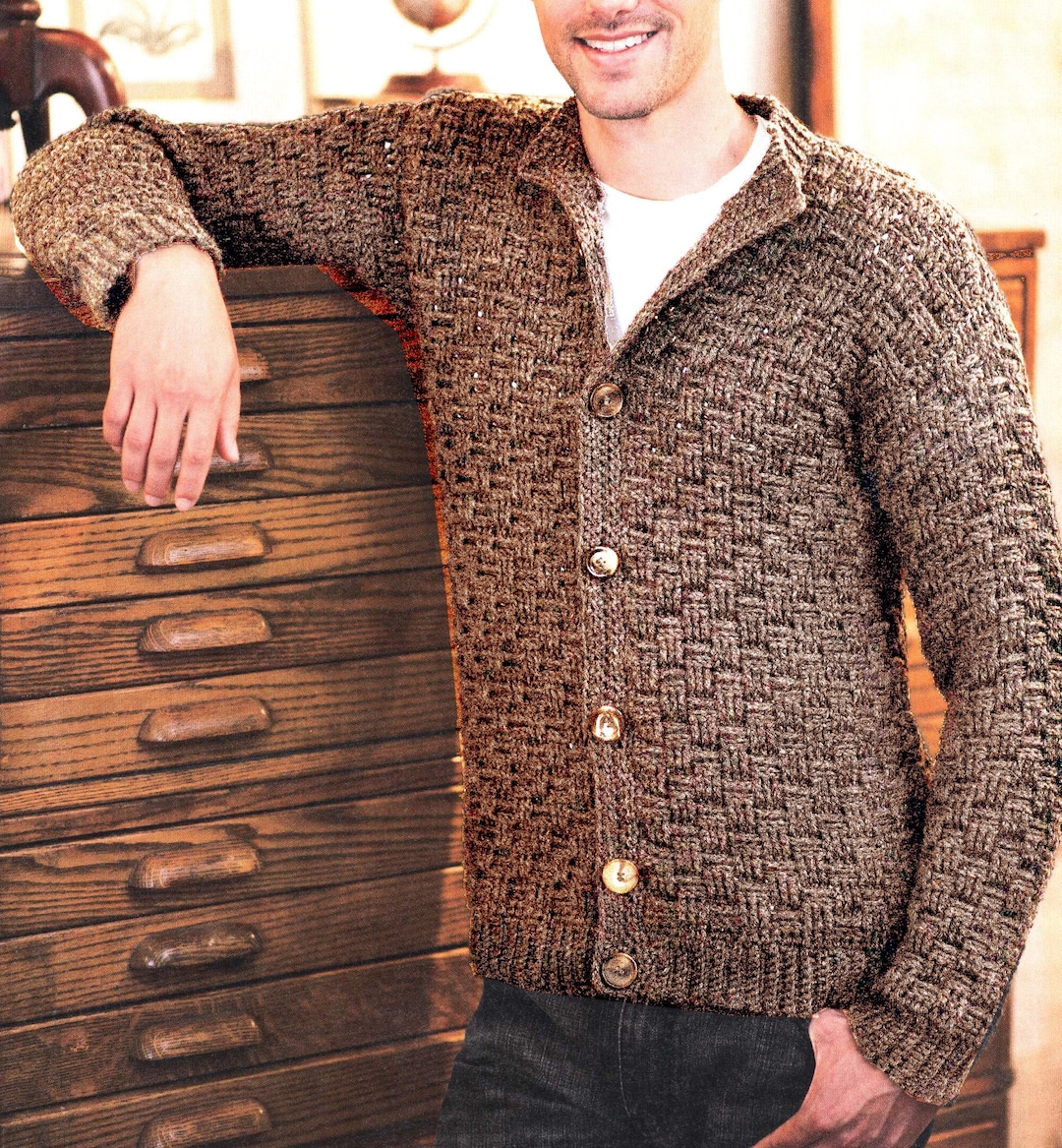 Men's Crochet Cardigan Pattern | Vintage Crochet Basket Weave Pattern ...