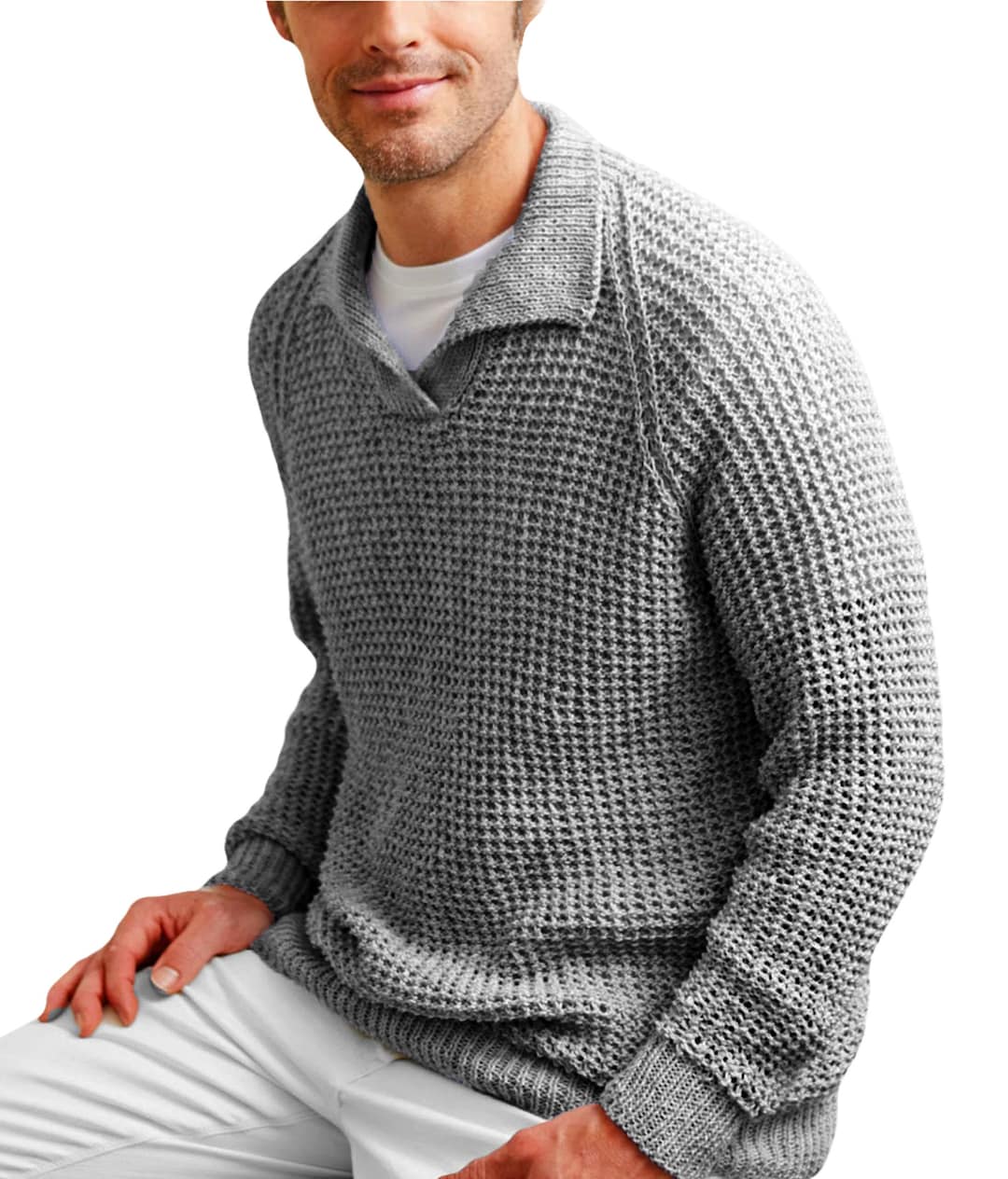 Men's Waffle Knit Sweater DK Yarn Knitting Pattern | Polo Shirt Style ...