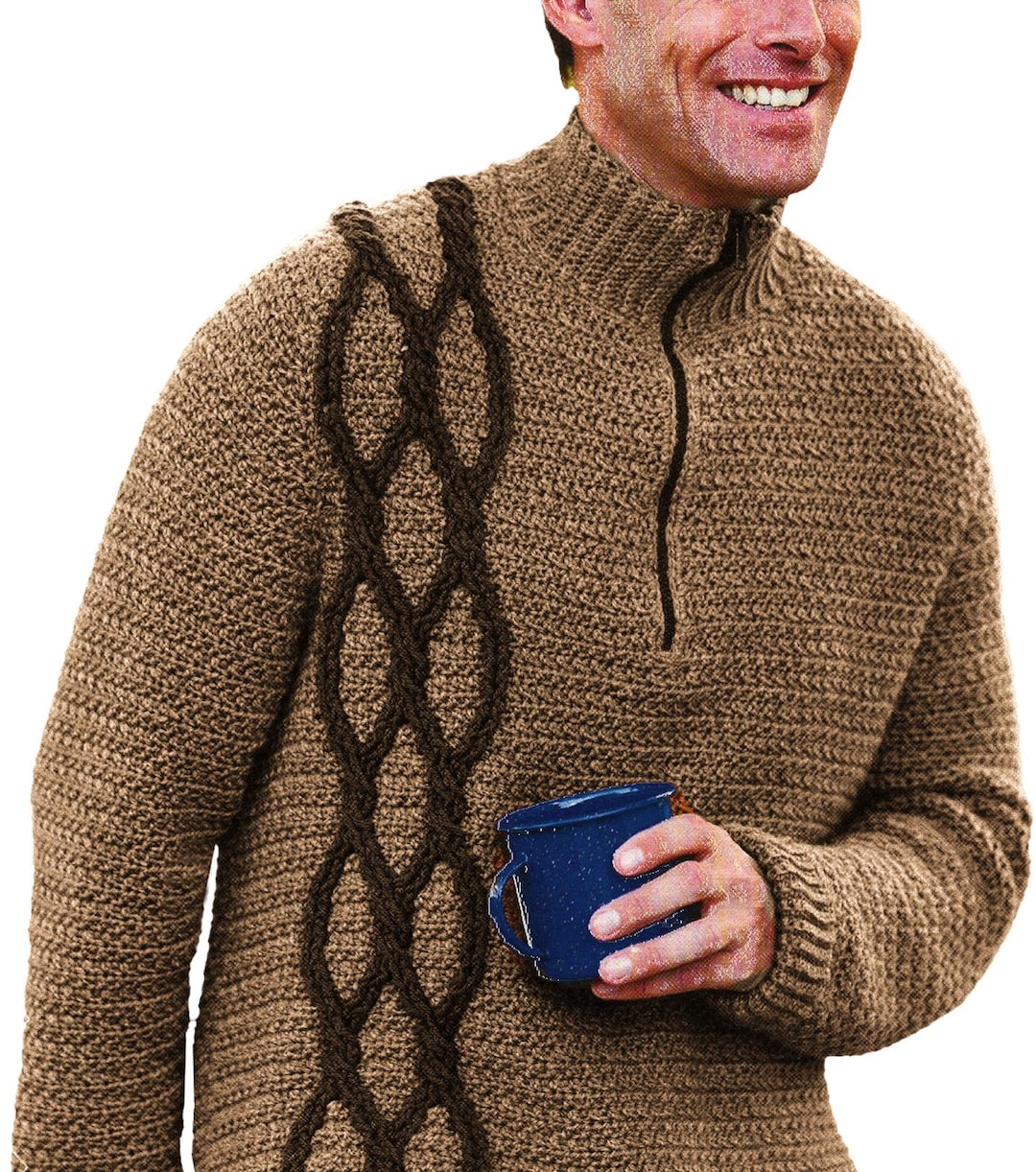 Men's Crochet Sweater Pattern Half Zip | S-2X Crochet Intarsia Cabled ...