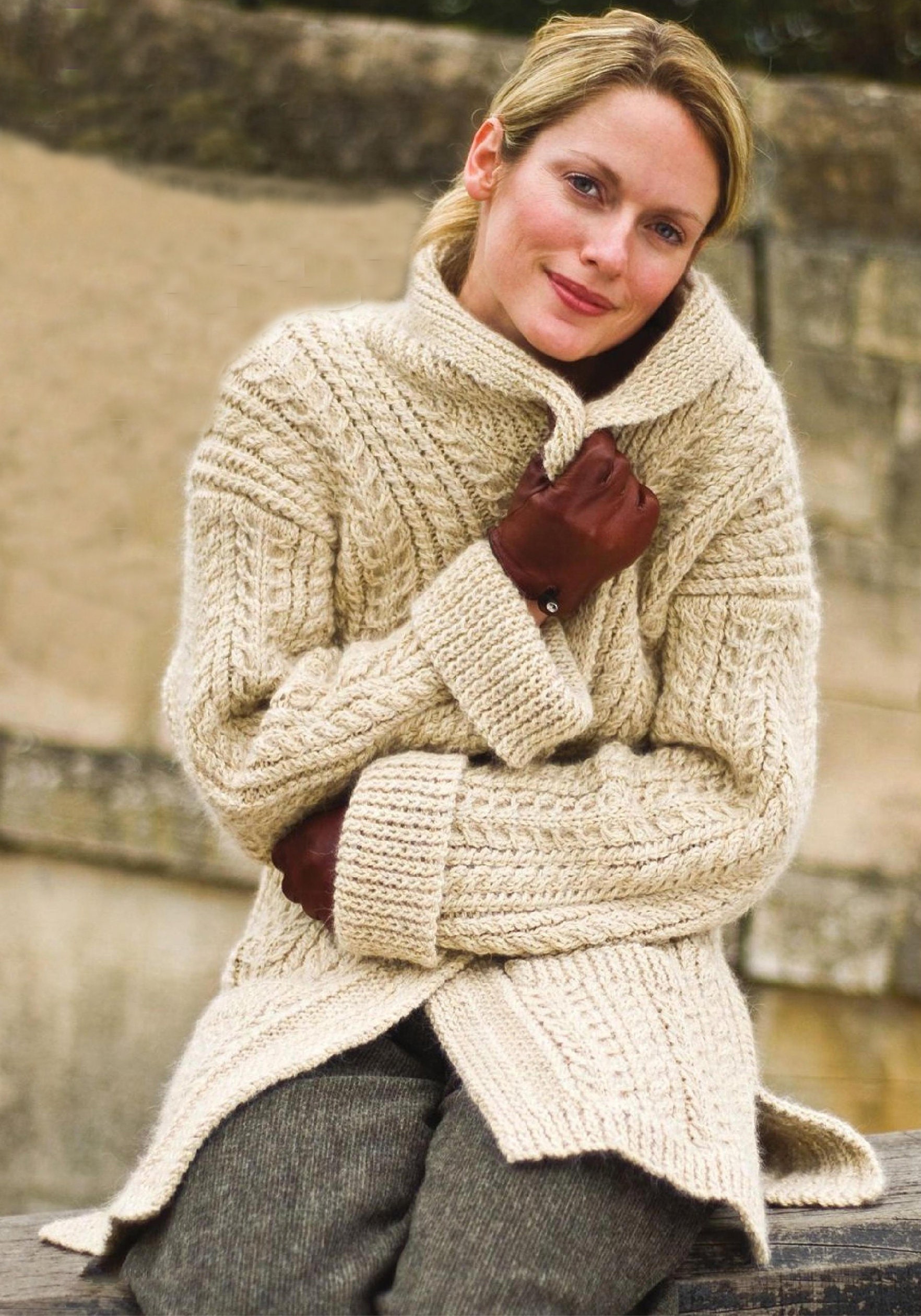 Women's Aran Jacket Shawl Collar, Ribbed Car Coat Chunky Irish ...