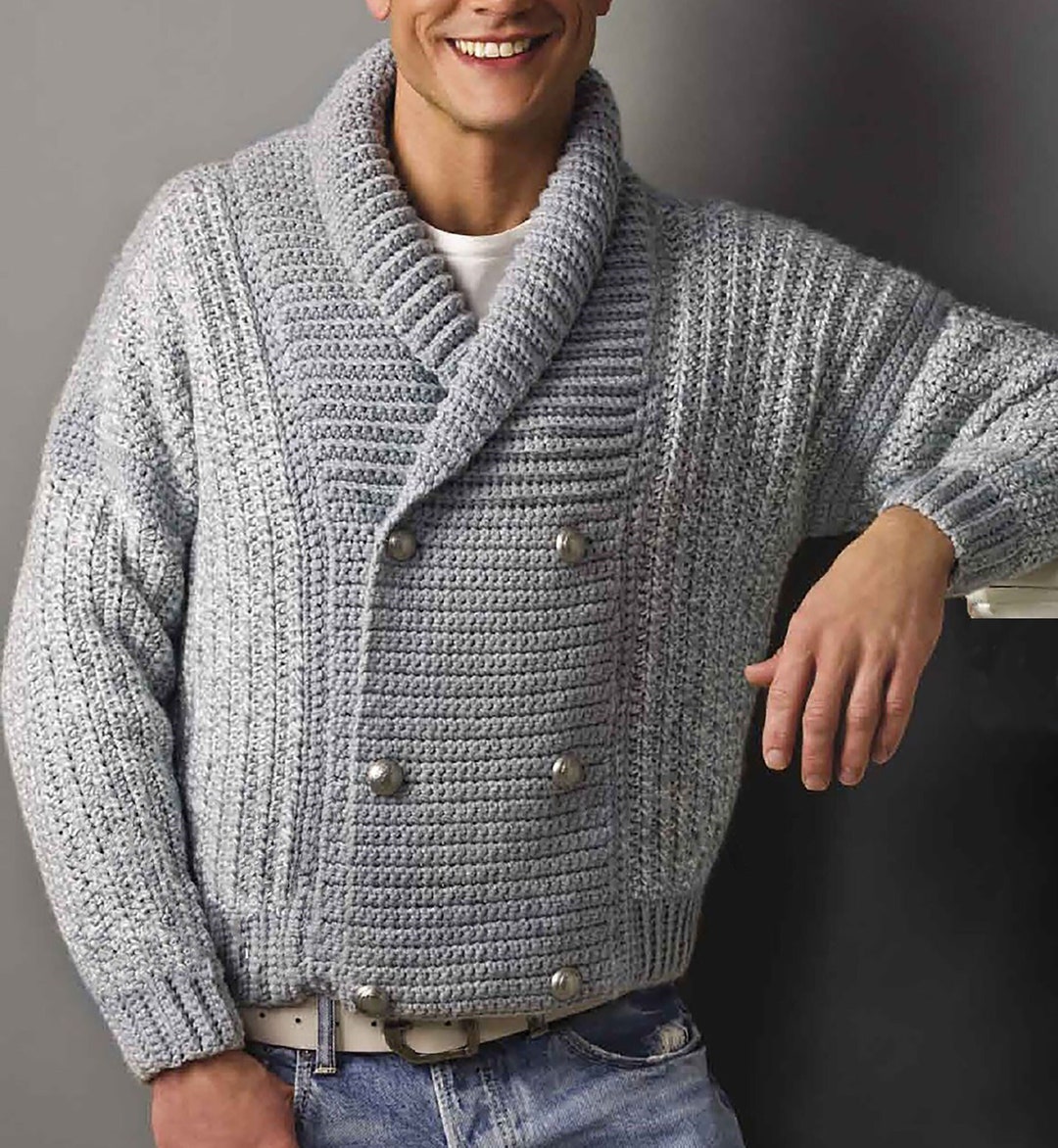 Men's Crochet Pattern Shawl Collar Jacket S-2X | Double Breasted ...