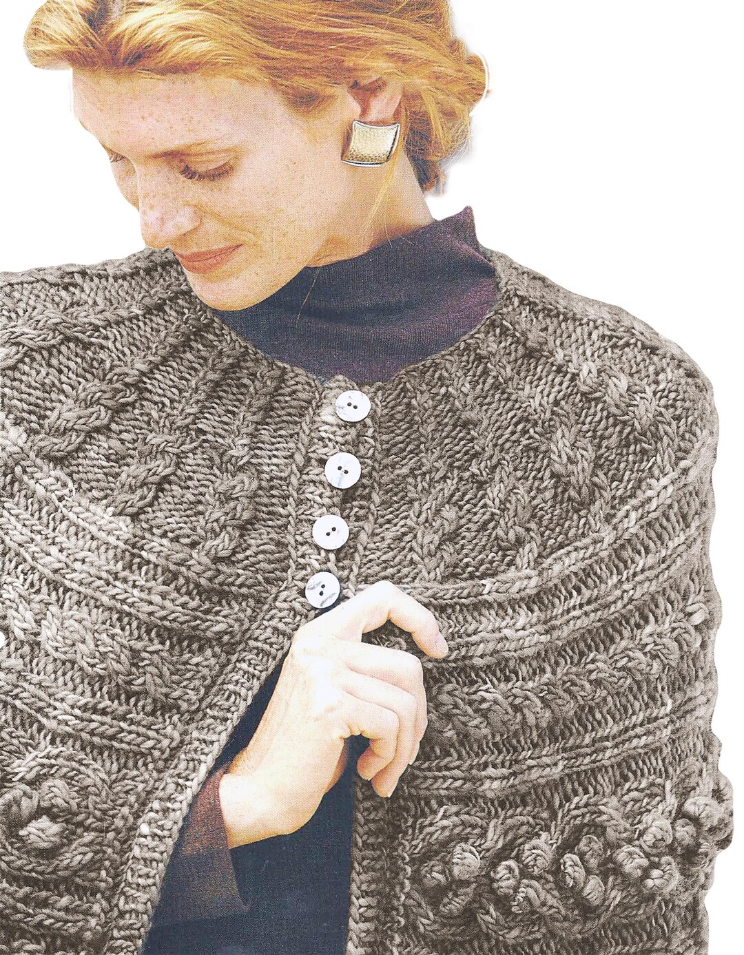 Women's Aran Cape Knitting Pattern L Cables & Bobbles Bulky Wrap L ...