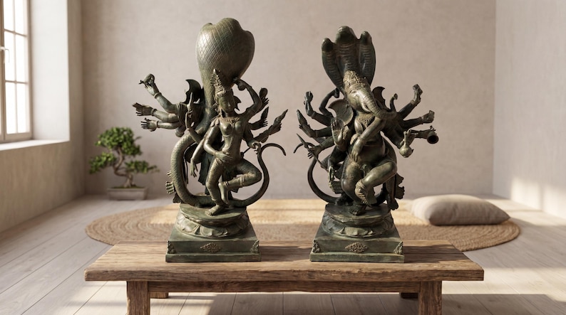 Ganesh Bronze Statue 27.6", Meditating Sculpture, Ancient Hindu Decor ...