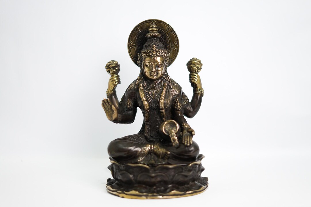 Lakshmi Devi Sri Goddess Statue 13.8", Goddess of Wealth, Bronze Brass ...