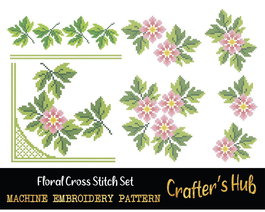 Floral Leaf Cross Stitch Machine Embroidery Pattern, Botanical Border ...