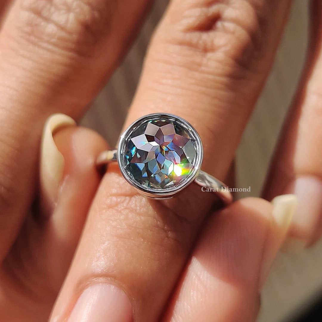 Round Rose Flower Cut Ring, Cyan Blue Moissanite Engagement Ring, White ...