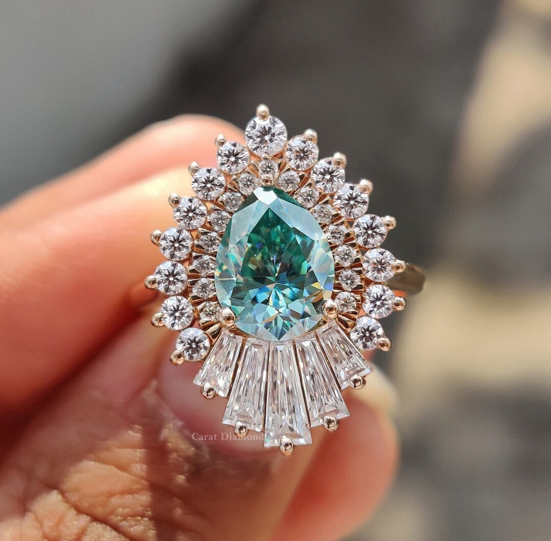 Vintage Style Moissanite Engagement Ring, 1.75 CT Pear Cyan Blue ...