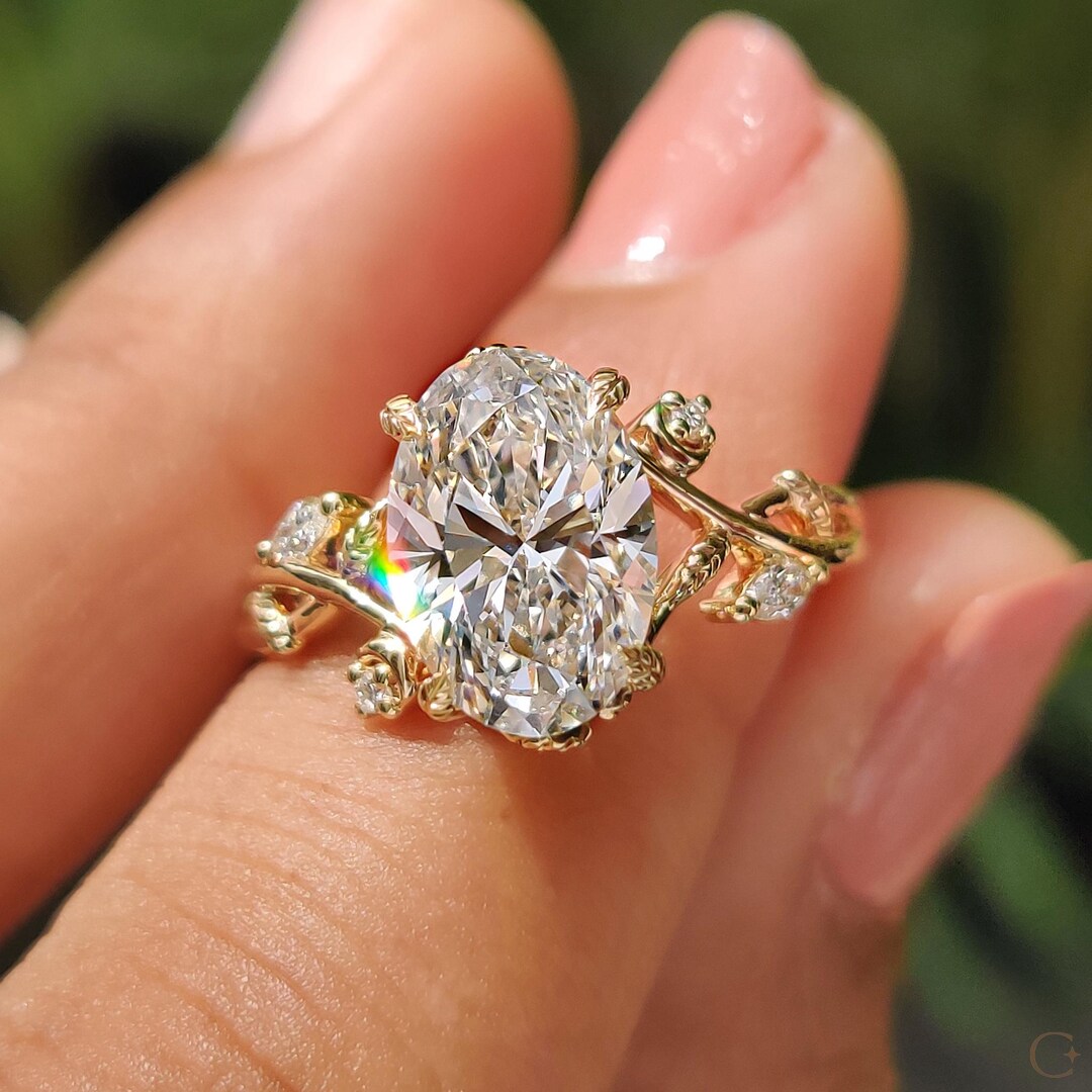 Nature Inspired Oval Lab Grown Diamond Ring | Unique Branch & Leaf ...