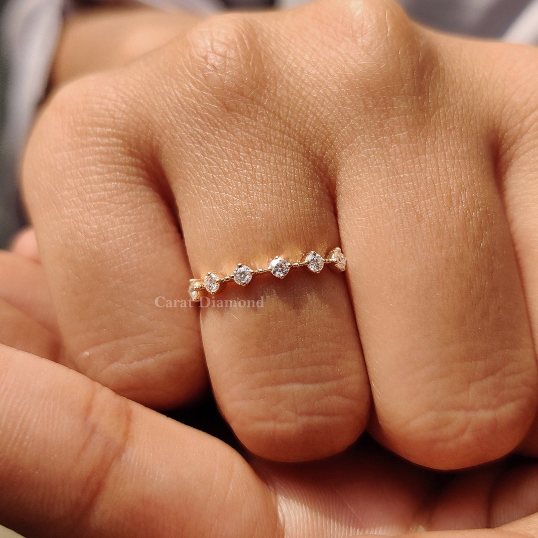 Distance Pave Wedding Band, 2.00MM Round Colorless Moissanite Half ...