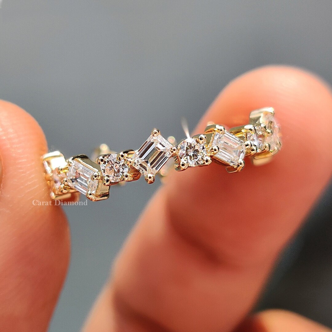 Diamond Zig Zag Band, 1.50TW Emerald & Round Cut Lab Grown Diamond Band, Full Eternity Wedding ...