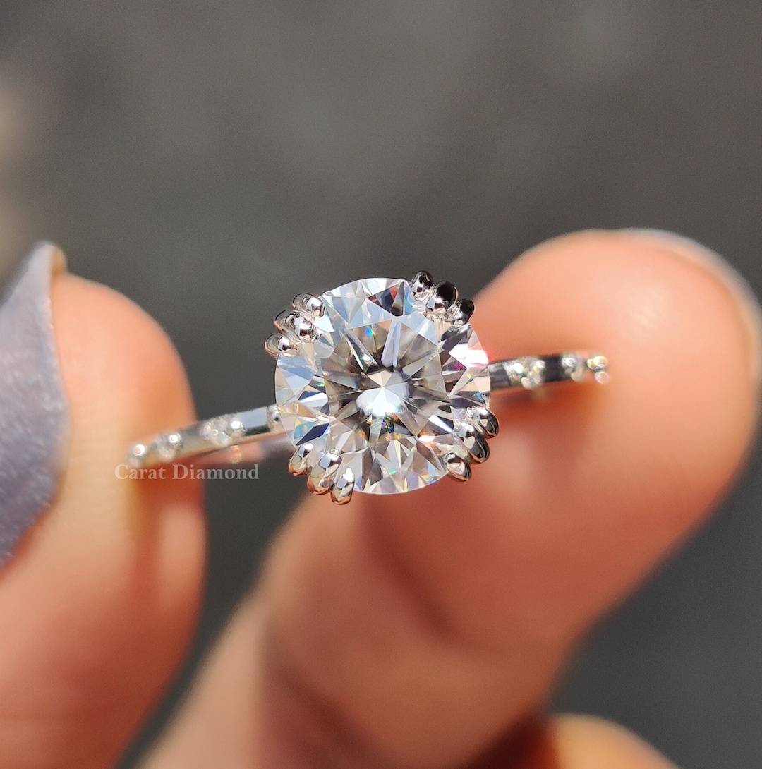 Petite Distance Pave Engagement Ring, 1.50 TW Round Cut Colorless ...