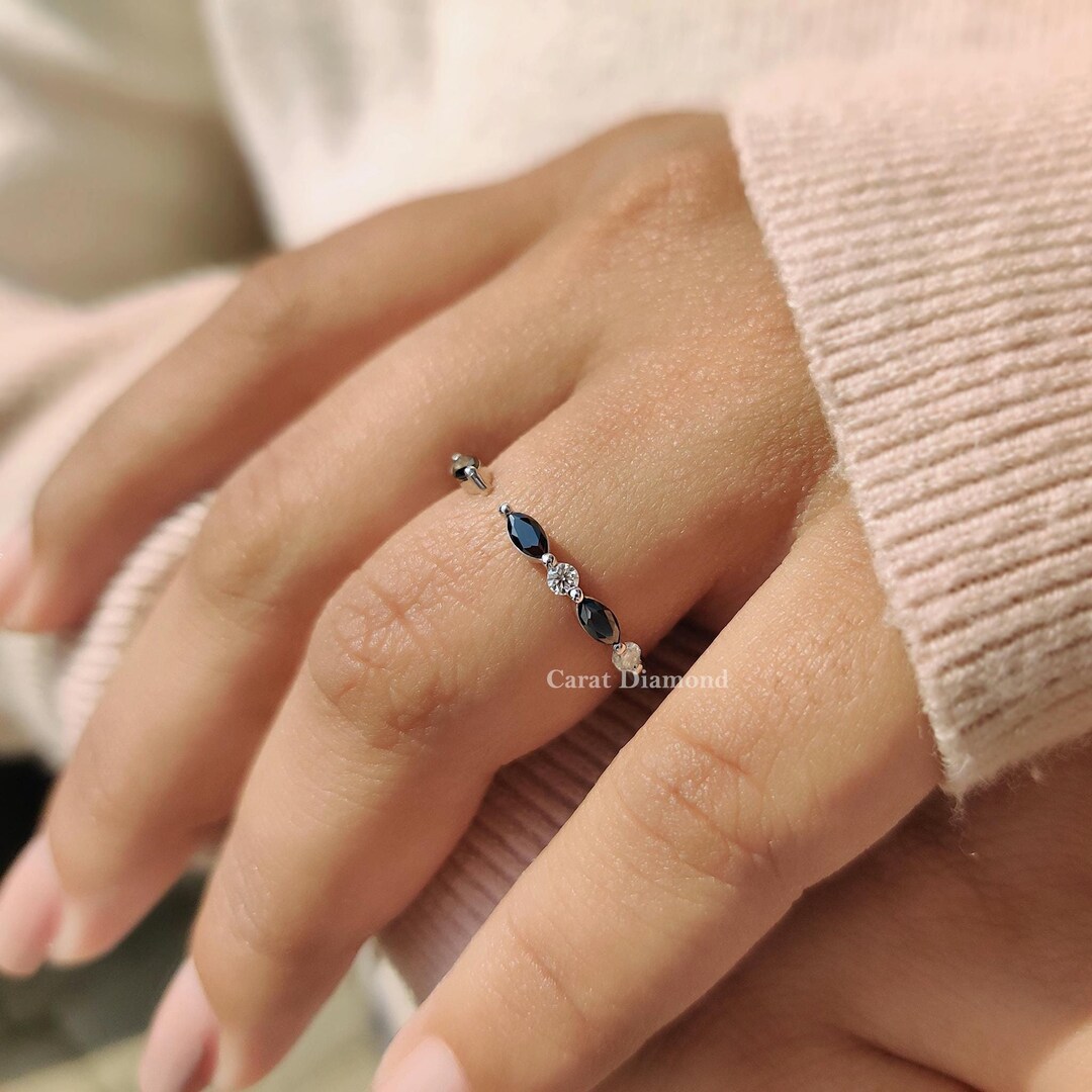 Minimalist Open Gap Wedding Band, 0.39 TW Marquise and Round Cut ...