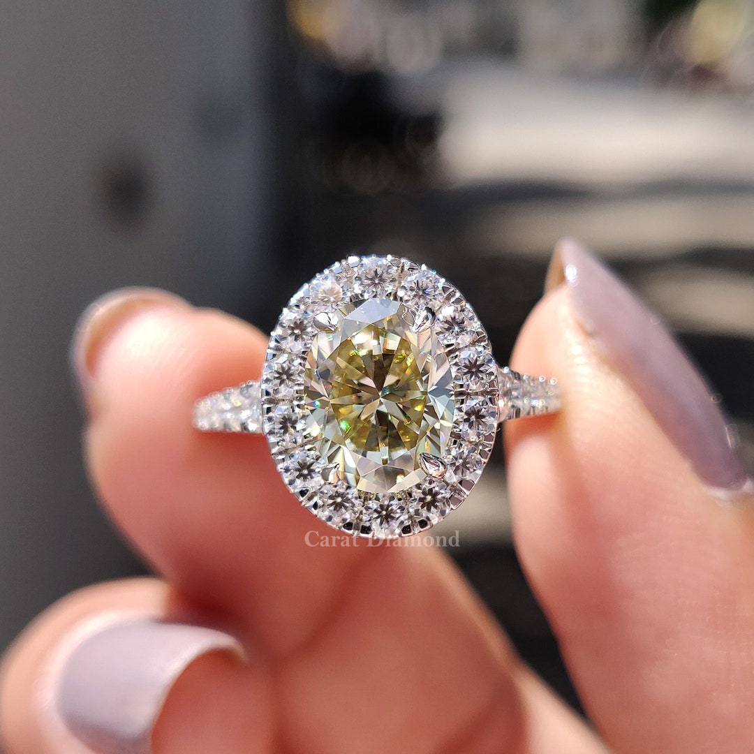 Light Yellow Oval Moissanite Engagement Ring: 14k White Gold Halo - Etsy