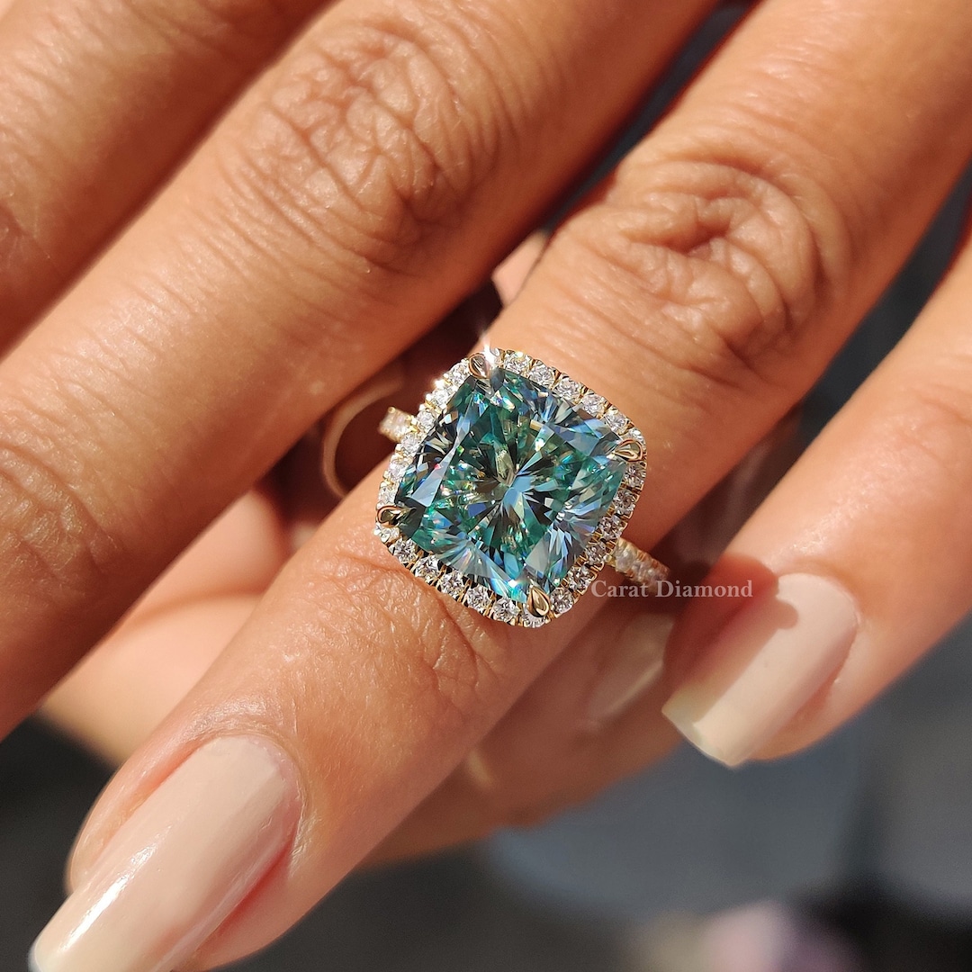 Cyan Blue Moissanite Engagement Ring, Halo With Pave Setting Wedding ...