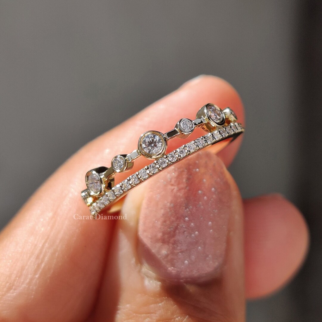 Double Row Pave Band, 0.28 Tw Round Cut Moissanite Distance Pave Bezel ...