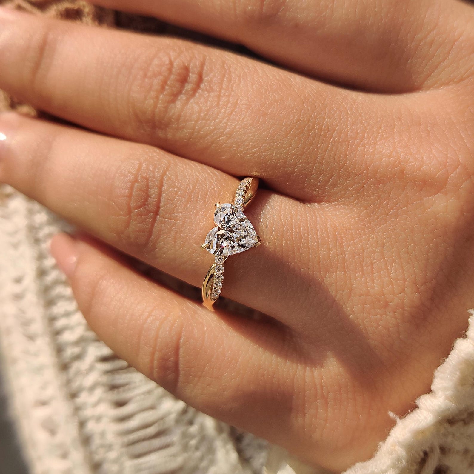 Twisted Setting Heart Diamond Engagement Ring, Side Stone Lab Grown ...