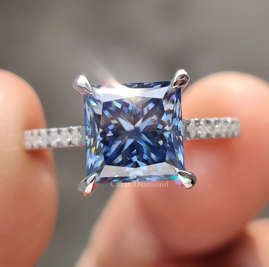 2.74 TW Electric Blue Princess Cut Moissanite Engagement Ring, Wedding ...