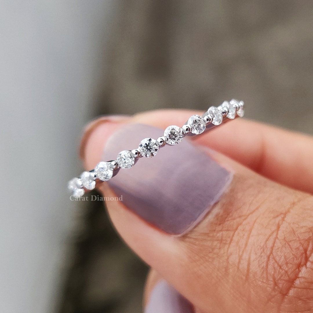 Moissanite Wedding Band: 0.38 TCW Colorless Round Cut, Bubble Prong Set ...