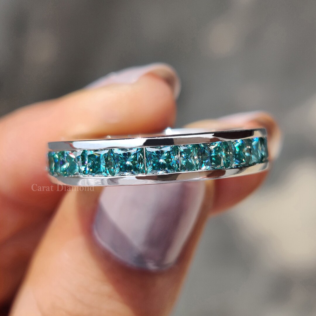 4.64 TCW Cyan Blue Princess Moissanite Channel Set Wedding Band ...