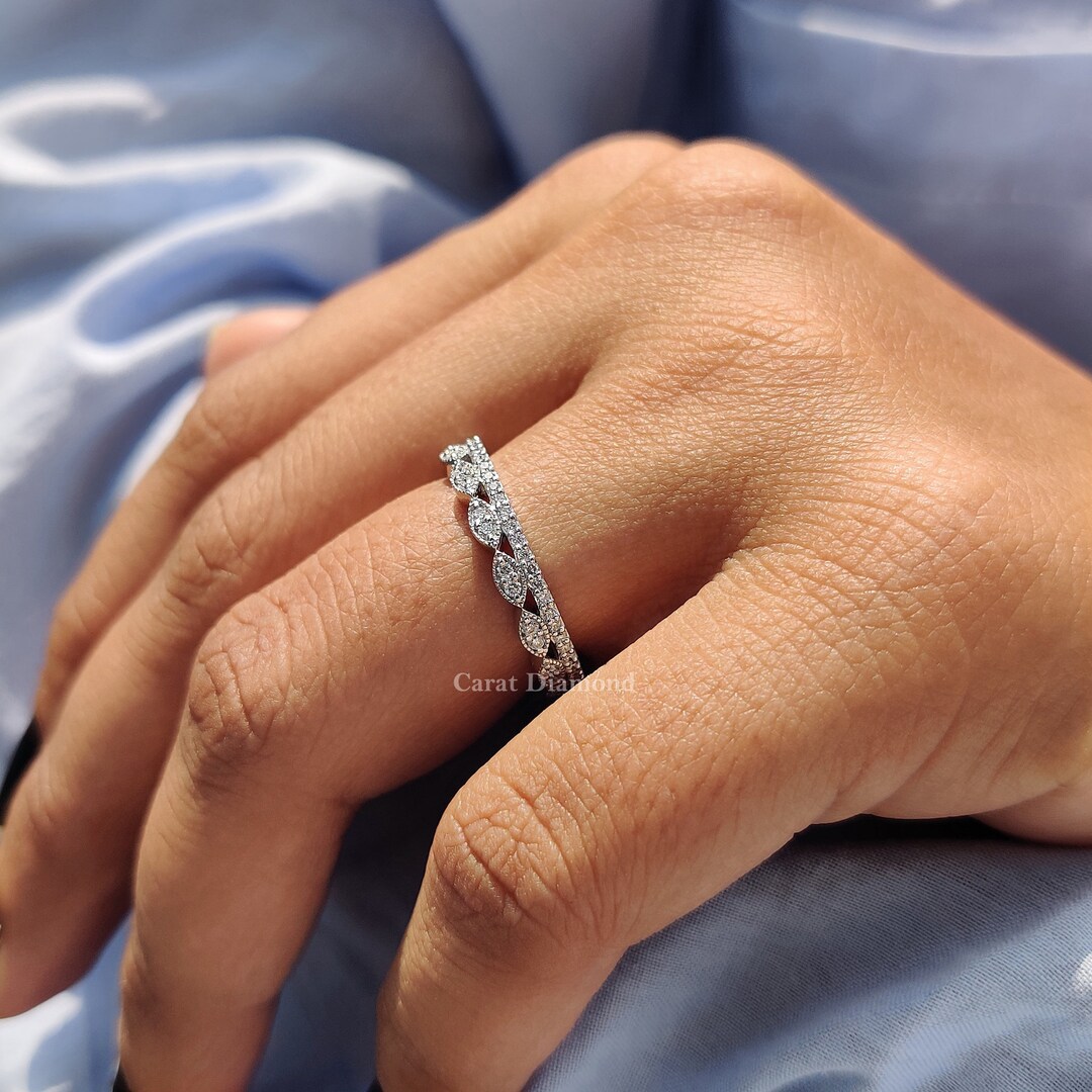 Double Row Pave Band, Marquise Shape Outline Band, Round Cut Lab Grown ...