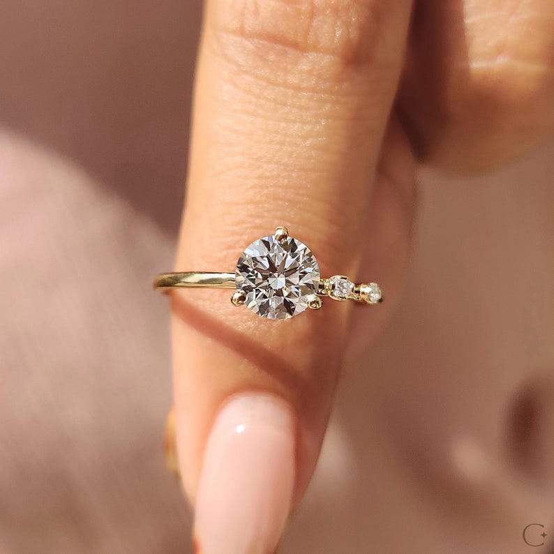 1 Carat Lab Grown Diamond Ring: Three Stone Yellow Gold Engagement Ring ...