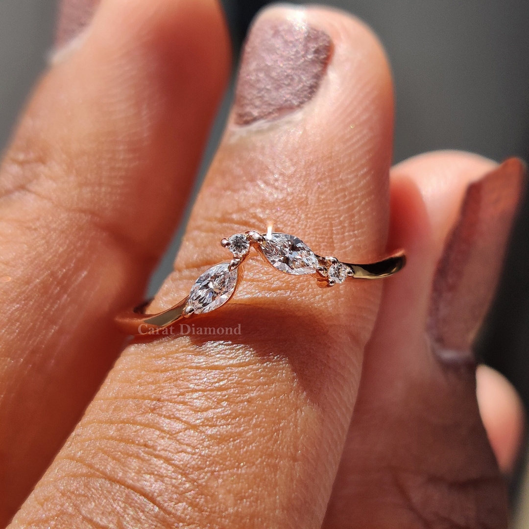 Unique Vintage Style Lab Grown Diamond Chevron Band, 0.13TW Marquise & Round Cut Lab Diamond ...