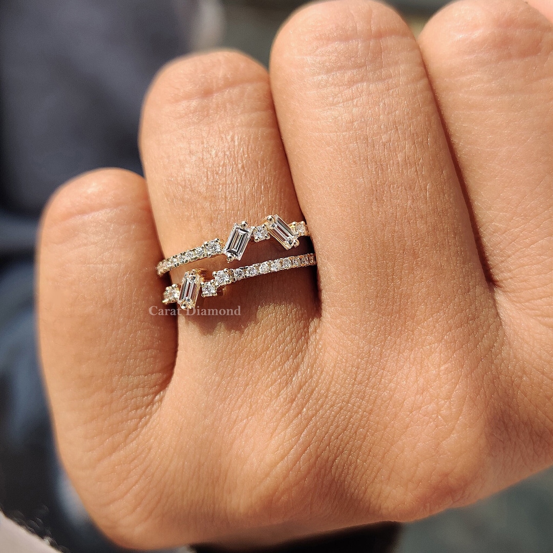 Double Row Diamond Pave Band, 0.55TW Baguette and Round Cut Lab Grown ...