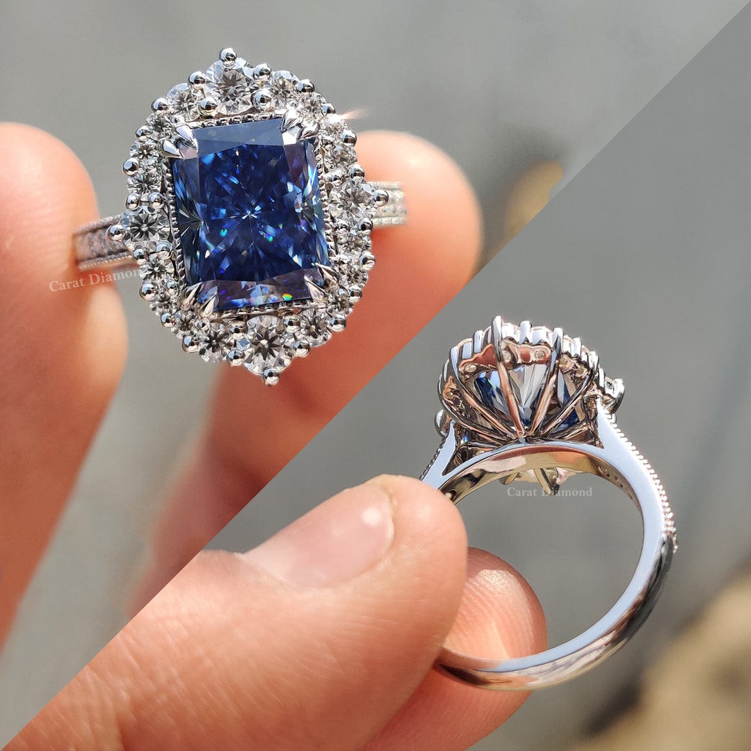 Electric Blue Radiant Cut Moissanite Engagement Ring, Vintage Halo ...