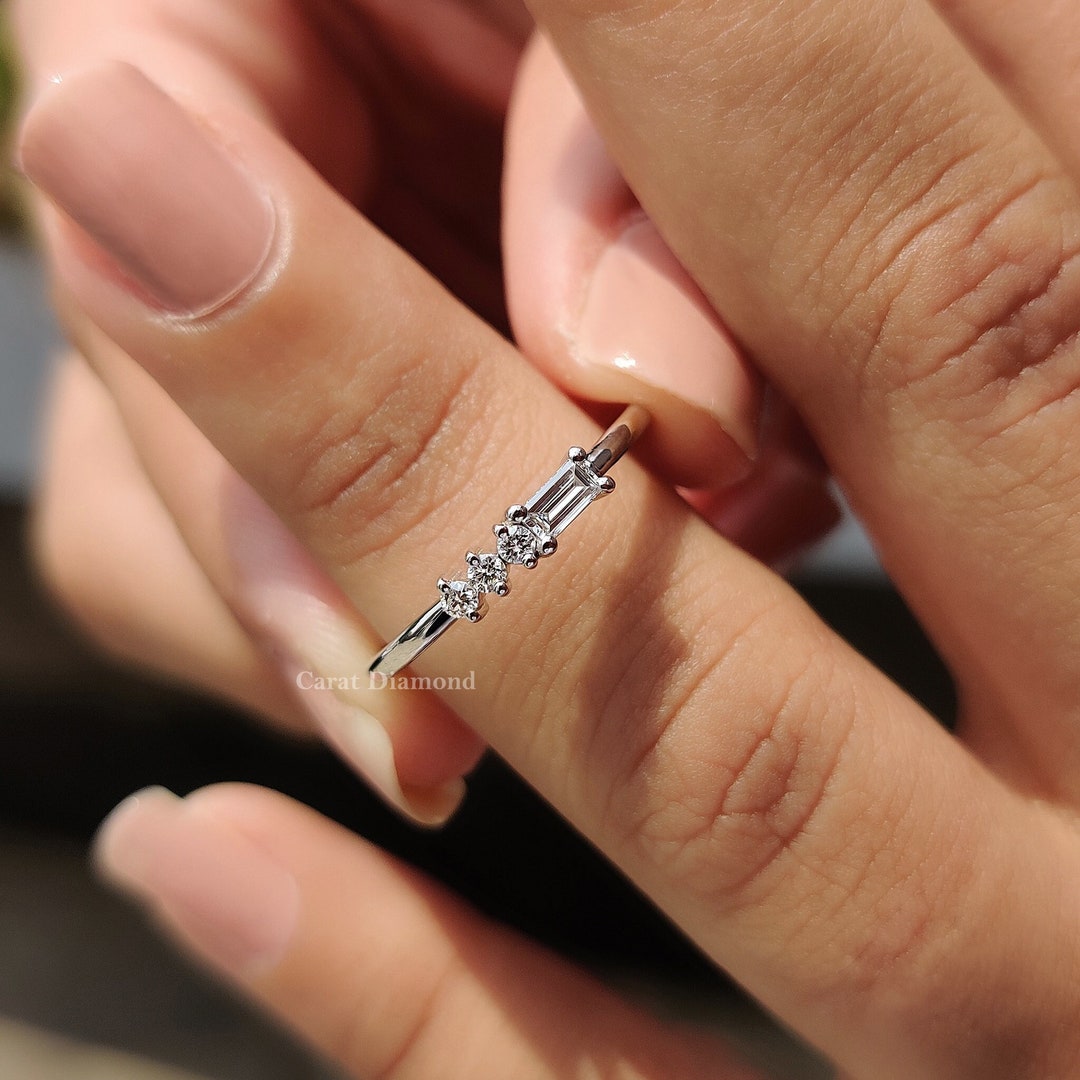 Morse Code Ring, Baguette & Round Diamond Minimalist Band, Matching ...