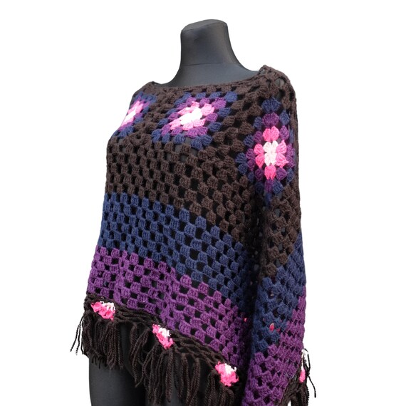 Vintage Granny Square Gradient Crochet Poncho - Gem