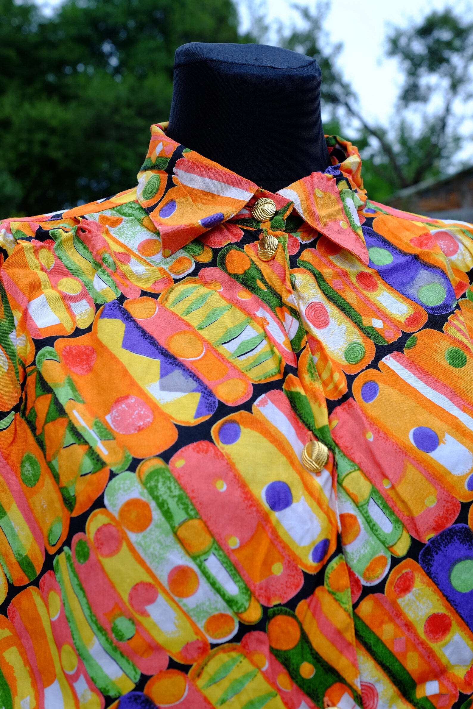 80s Your Sixth Sense Vintage Neon Abstract Colorful Print Blouse Long ...