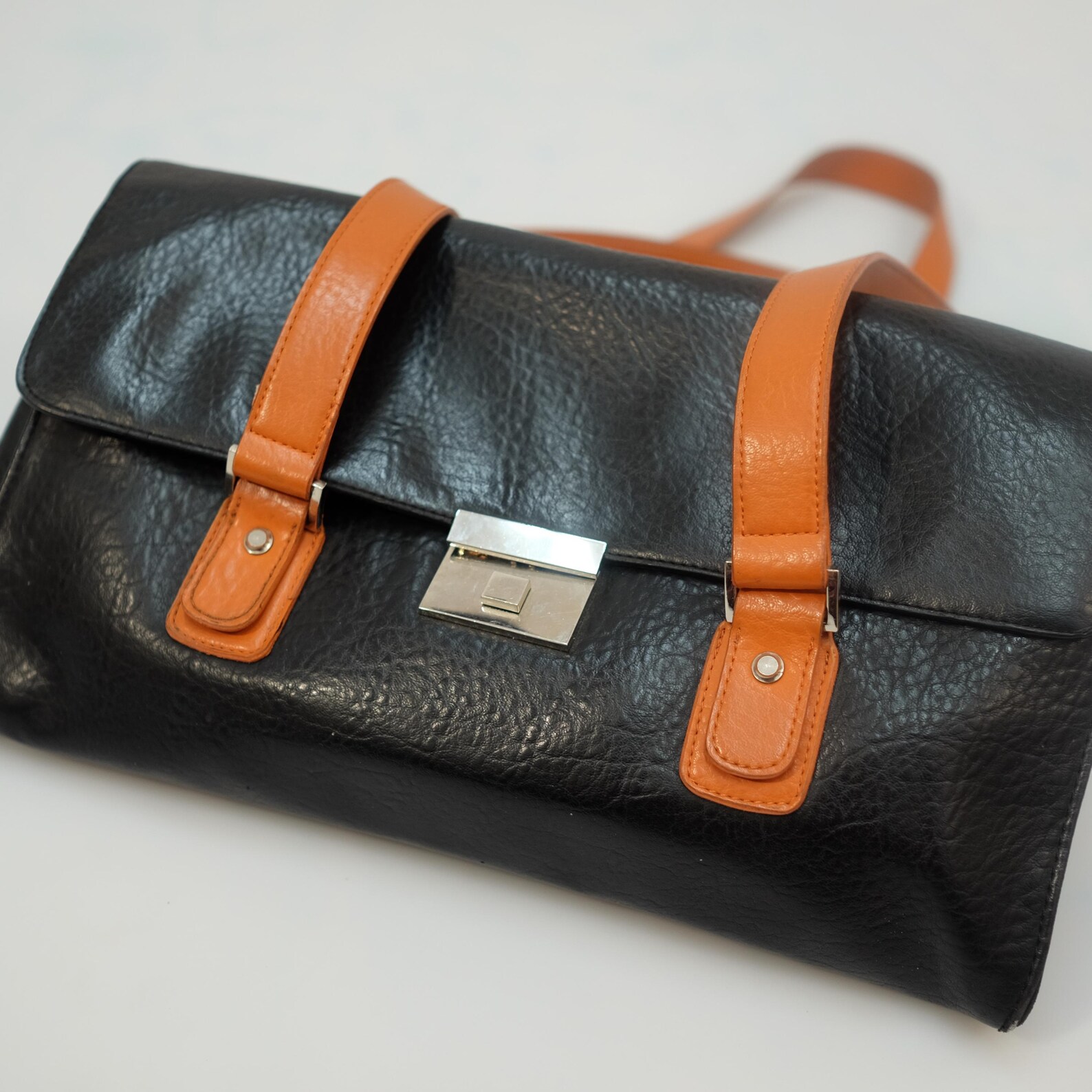 Vintage Black Rectangular Shoulder Bag With Brown Straps - Etsy