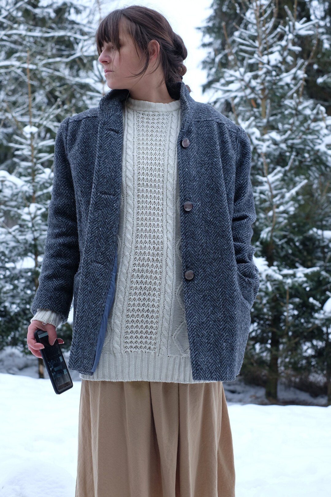 Grey Vintage Wool Tweed Herringbone Short Coat - Etsy