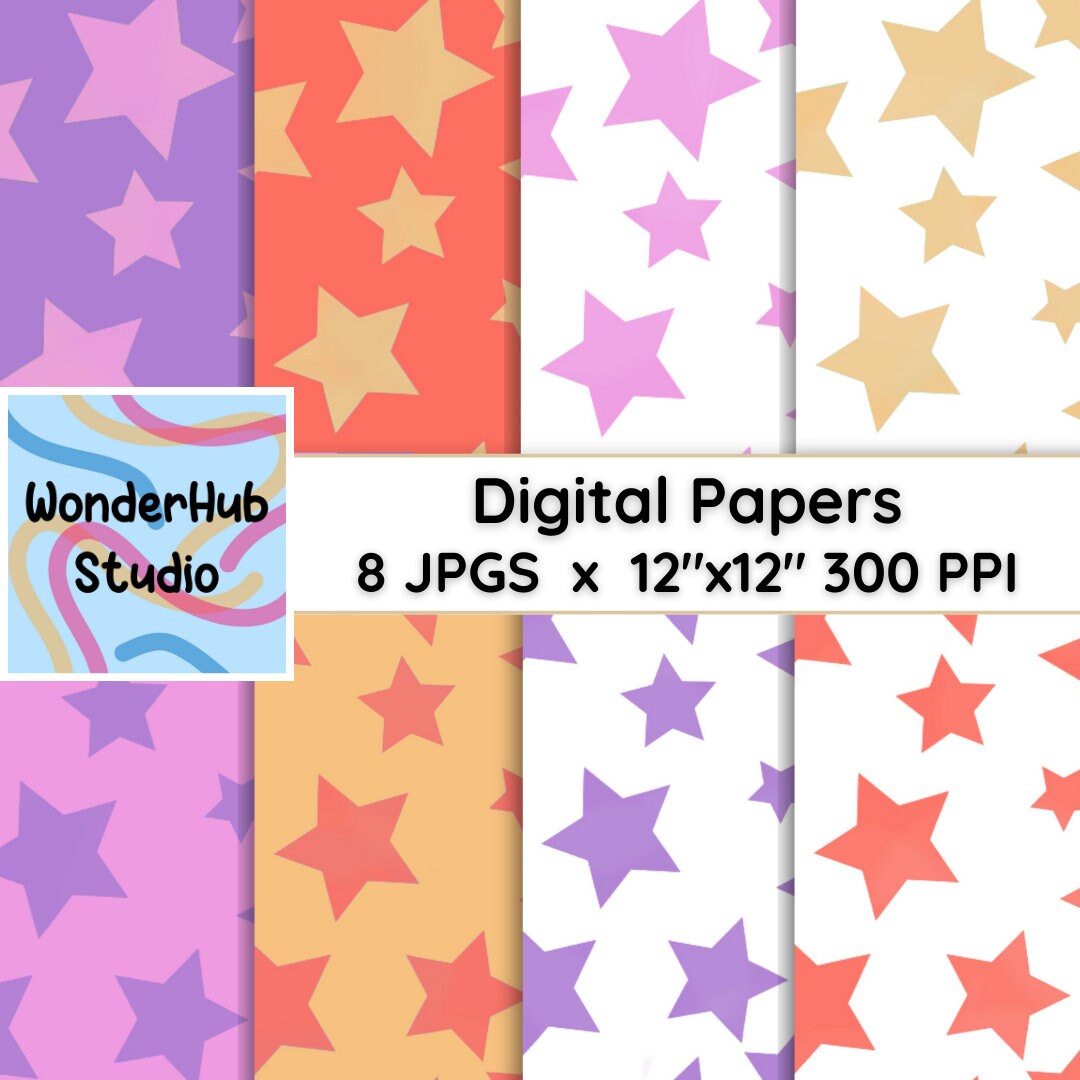 Colorful Star Digital Paper Pack: Purple, Pink, Red, Gold Scrapbook ...