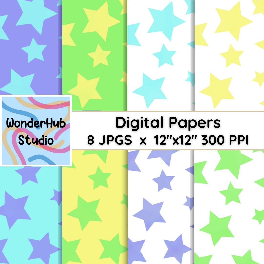 Stars Digital Art Print / Blue, Yellow, and Green / Star Design ...