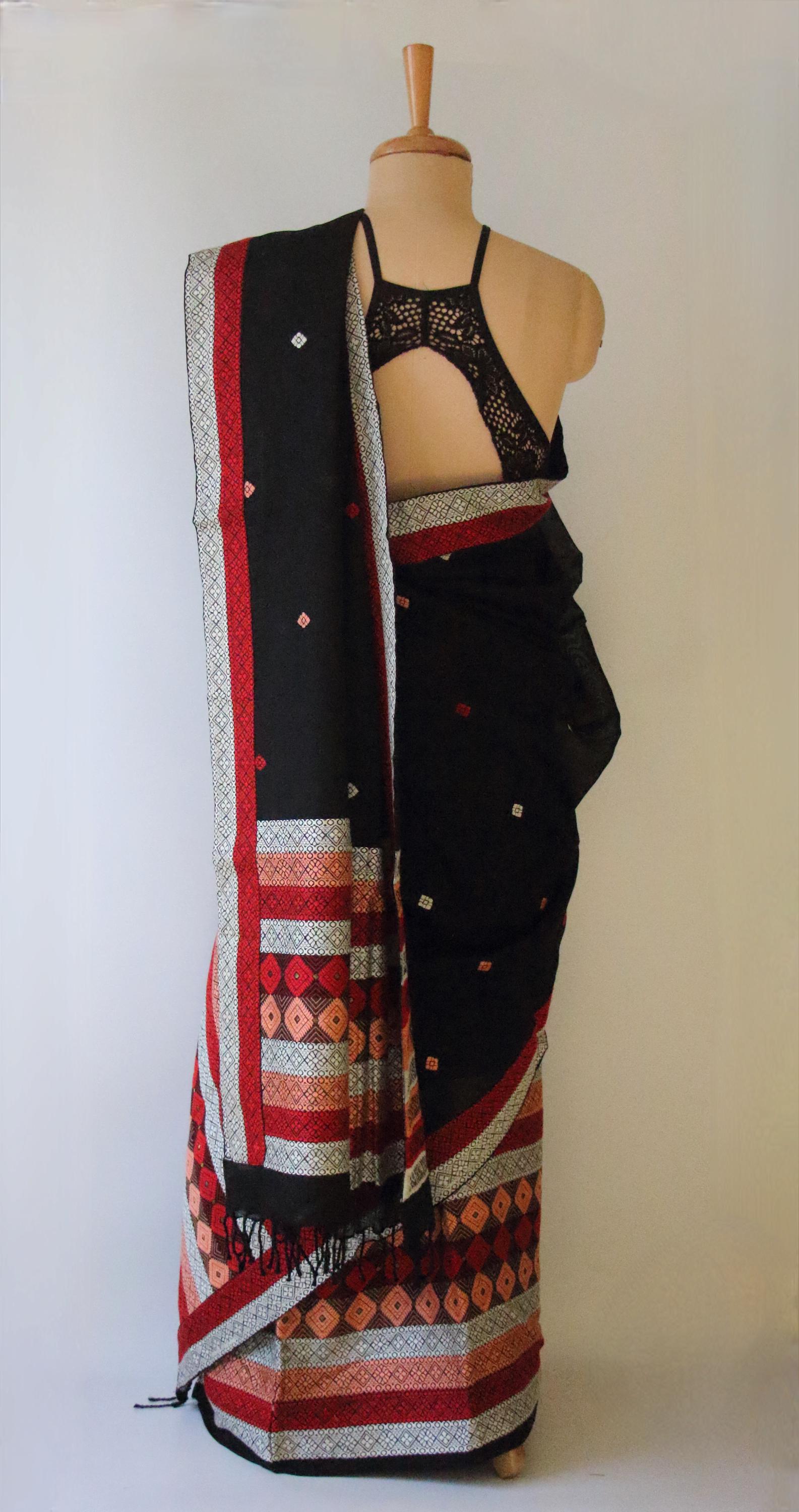 Black Cotton Silk Traditional Handloom Mekhela Chador Set From Assam ...
