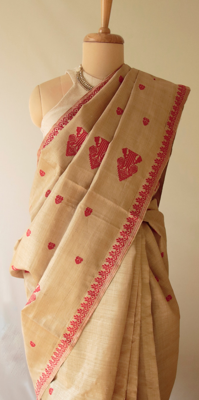 Muga Silk Saree in Classic Red Motifs From Assam , India - Etsy