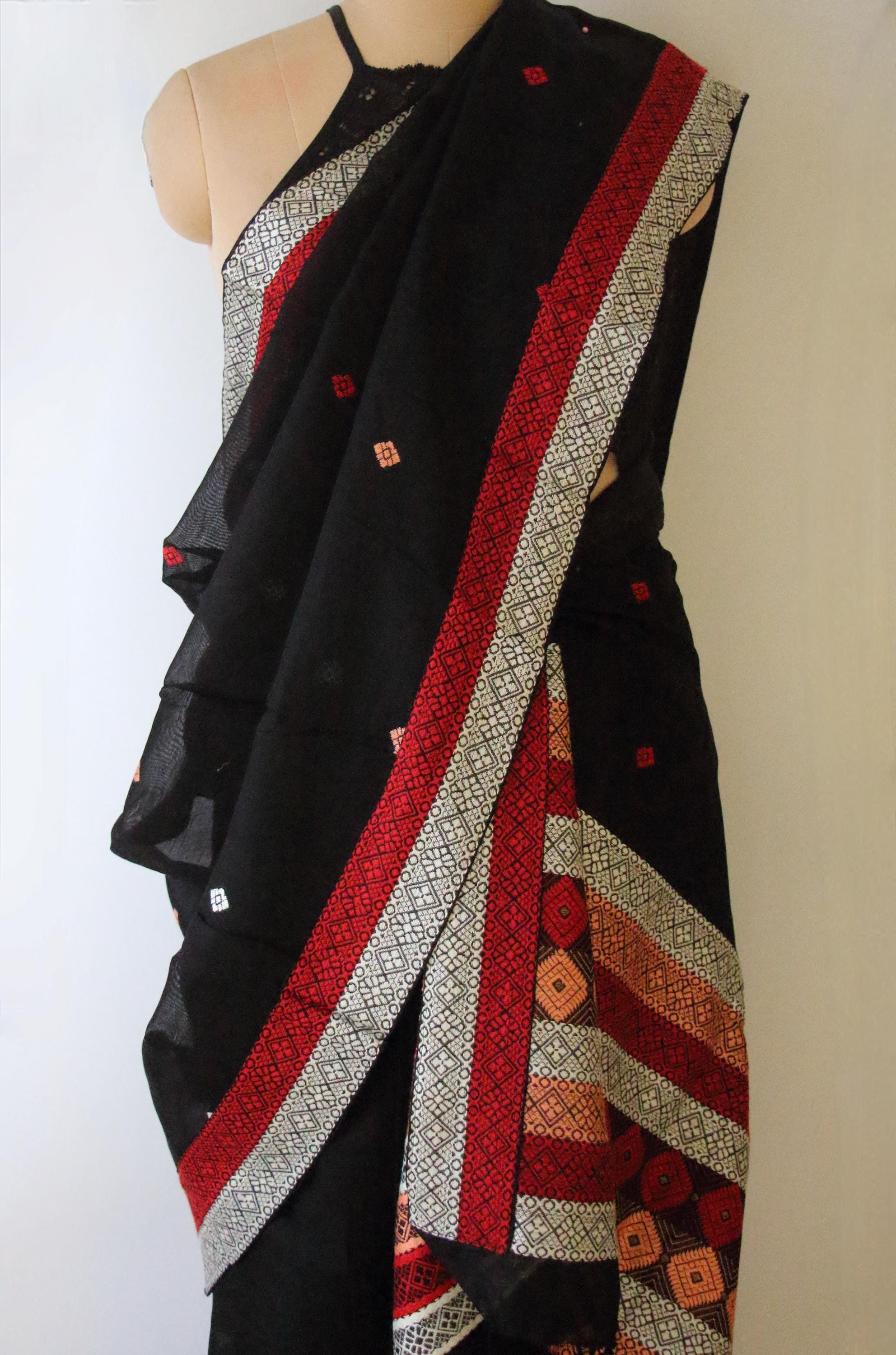 Black Cotton Silk Traditional Handloom Mekhela Chador Set From Assam ...