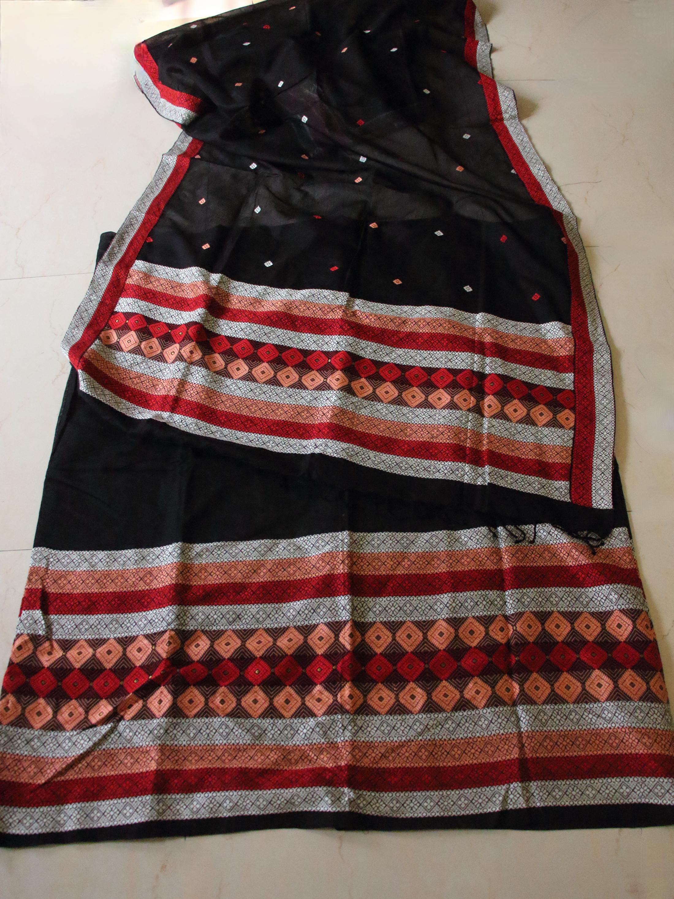 Black Cotton Silk Traditional Handloom Mekhela Chador Set From Assam ...