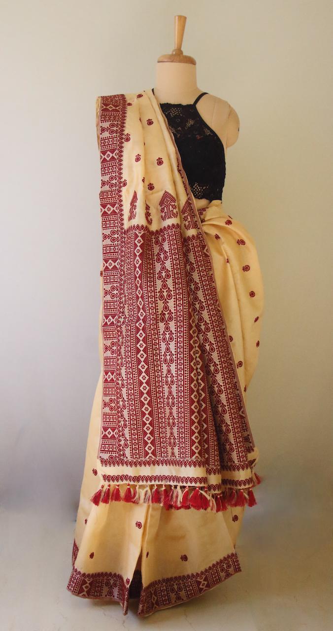 Handloom Tassah Silk Sari With Traditional Maroon Motifs From Assam ...