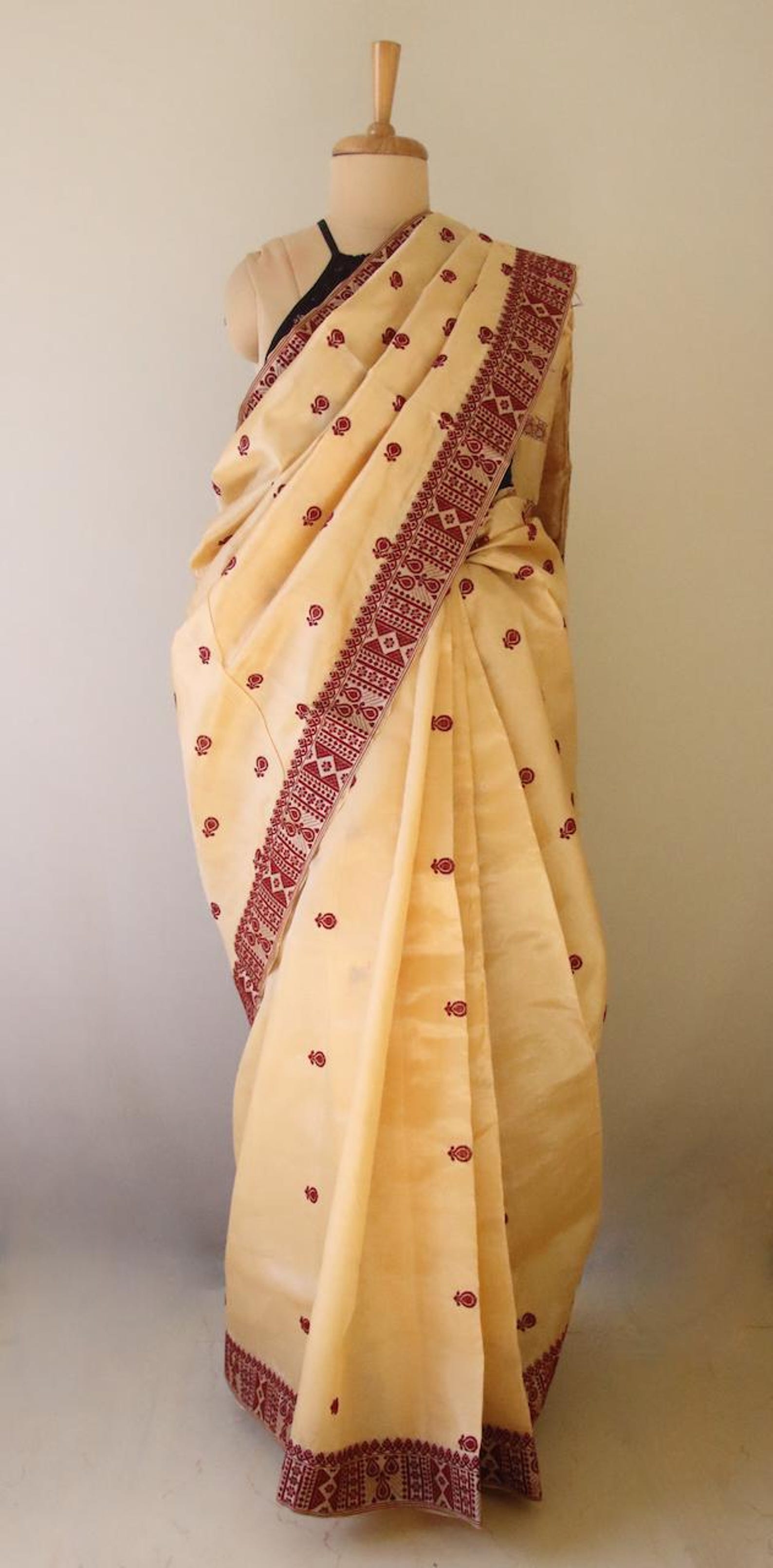 Handloom Tassah Silk Sari With Traditional Maroon Motifs From Assam ...
