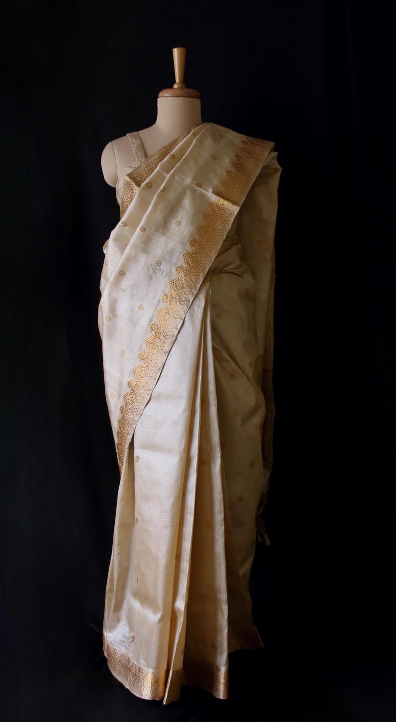 Handloom Tassar Silk Sari With Motifs in Golden Zari From Assam , India ...