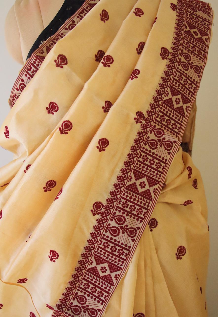 Handloom Tassah Silk Sari With Traditional Maroon Motifs From Assam ...