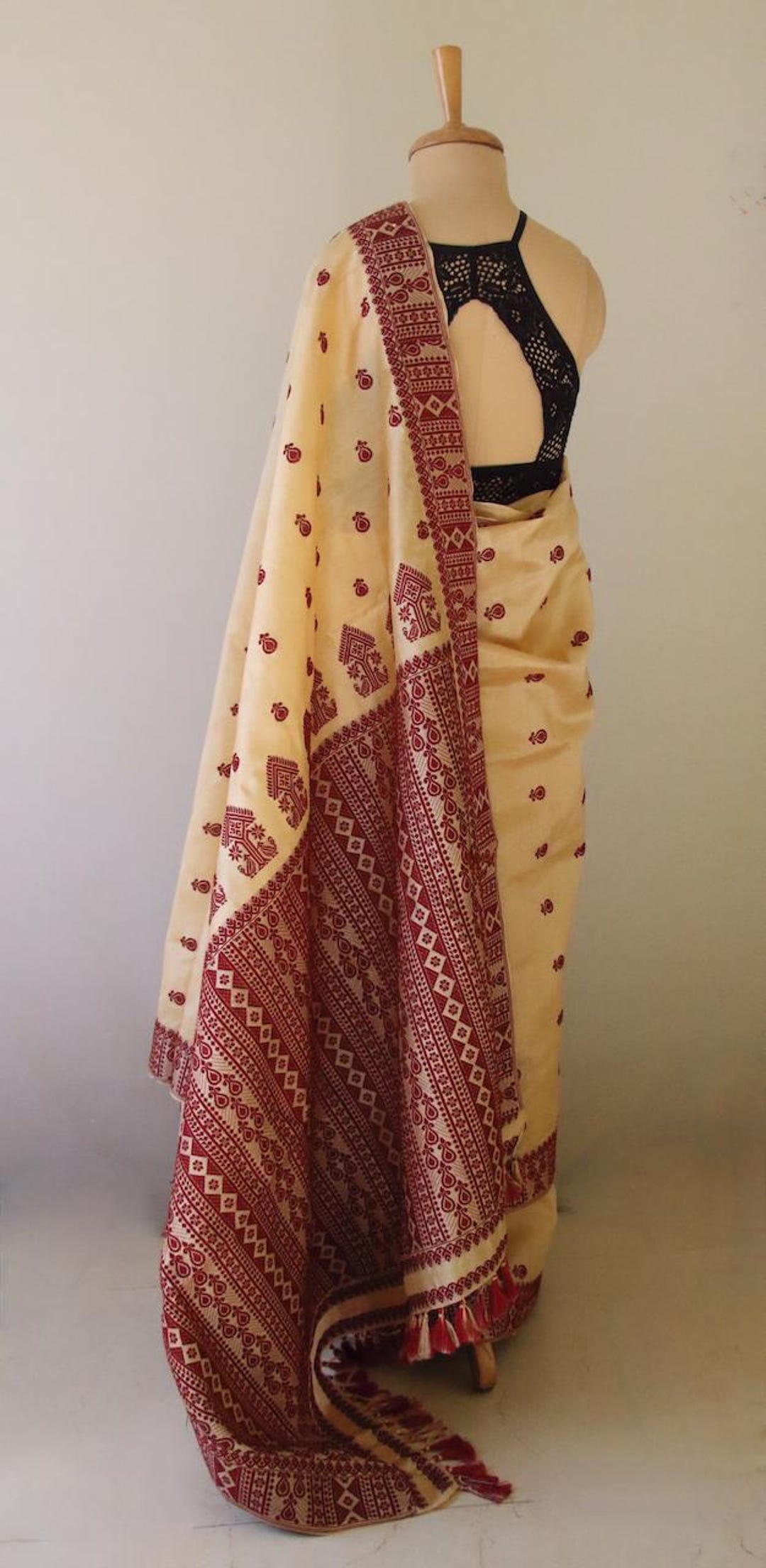 Handloom Tassah Silk Sari With Traditional Maroon Motifs From Assam ...