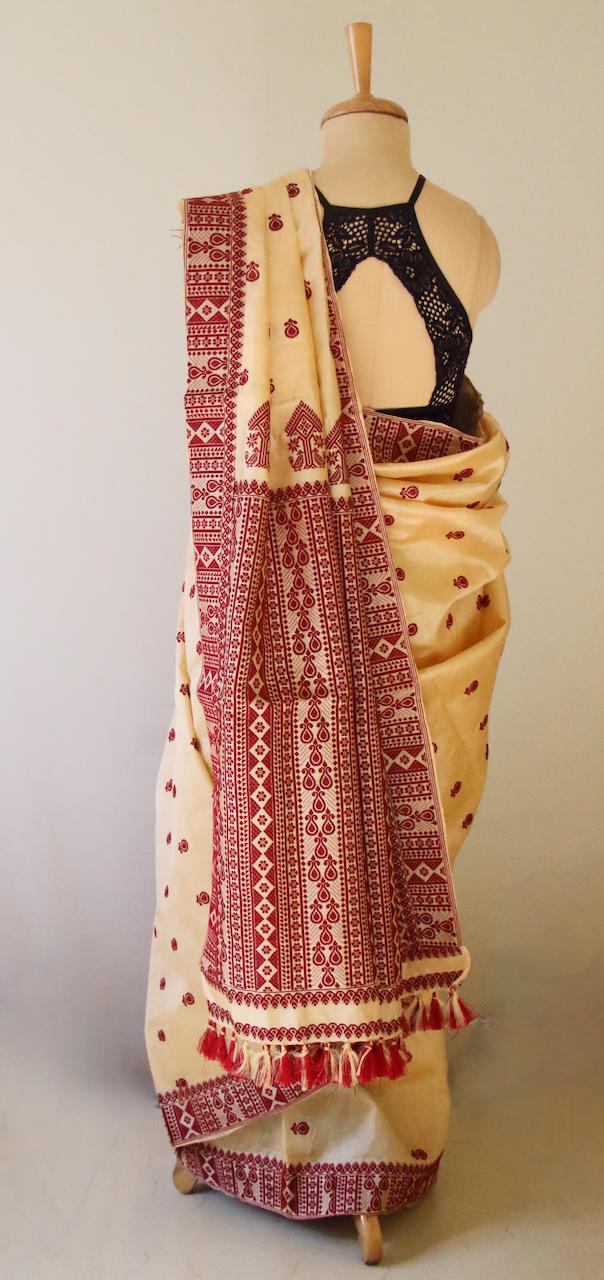 Handloom Tassah Silk Sari With Traditional Maroon Motifs From Assam ...