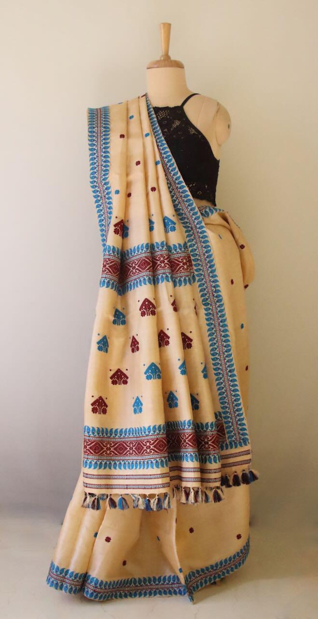 Handloom Tassah Silk Sari With Traditional Blue Motifs From Assam ...