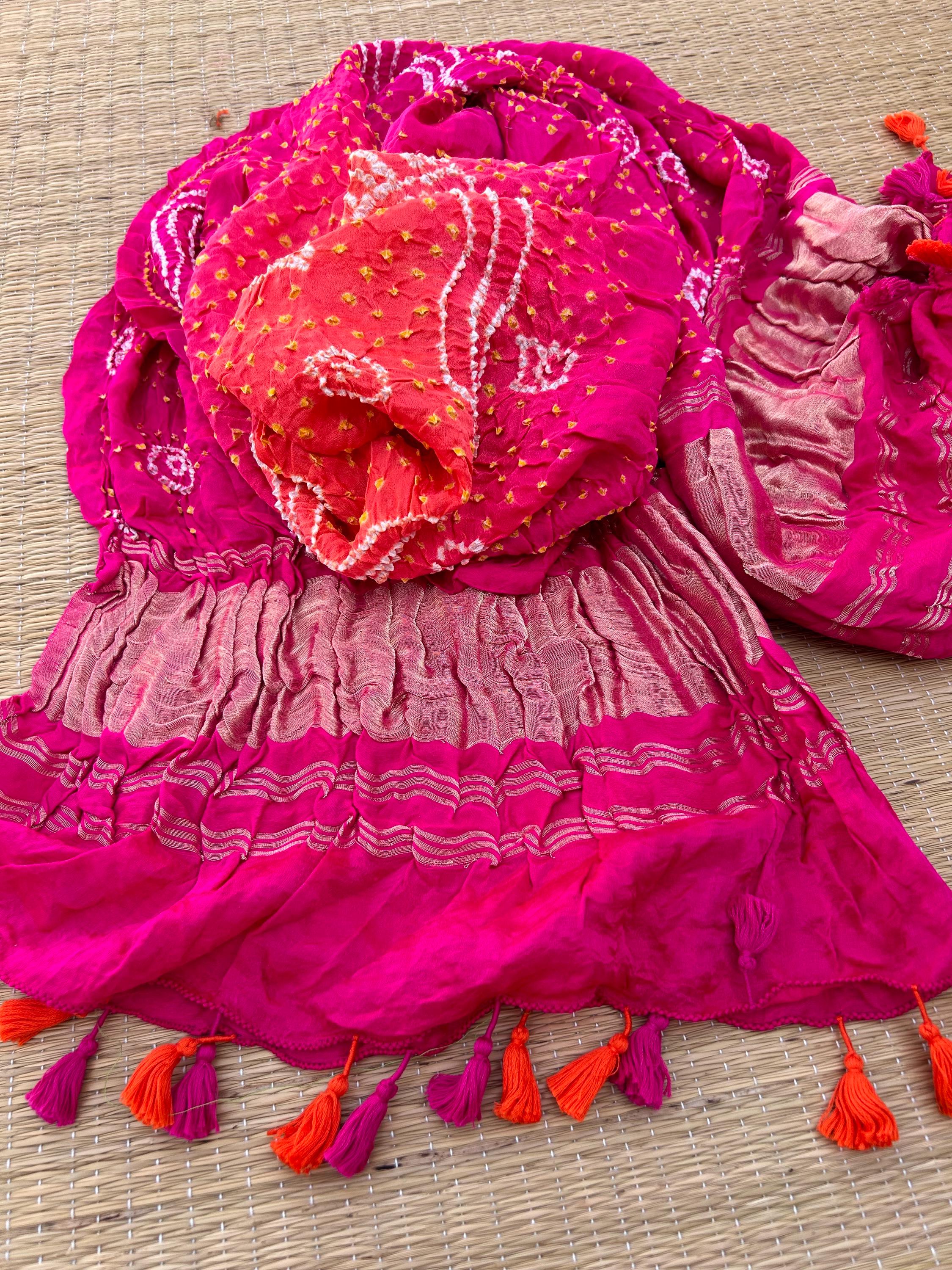 Saffron to Pink Ombre Chandrokhani Bandhani Dupatta | Pure Gaji Silk ...