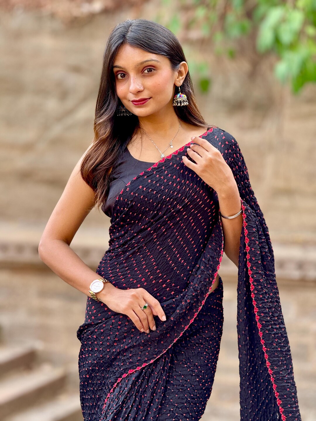 Black Bandhej Saree, Rai Dana Saree, Bandhani Saree, Red Dot Saree ...