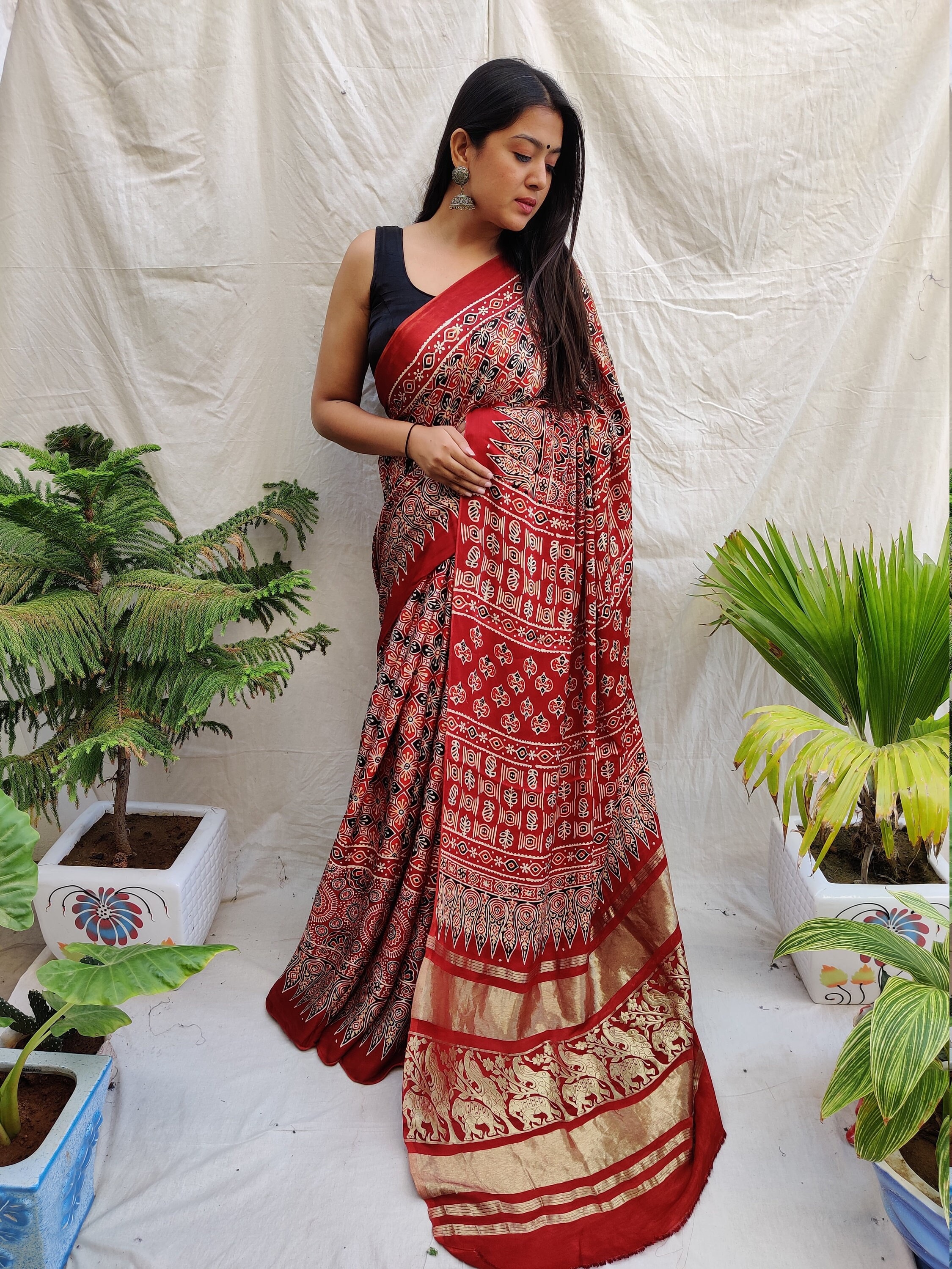 Red Ajrakh Print Silk Saree, Modal Ajrakh Saree - Etsy